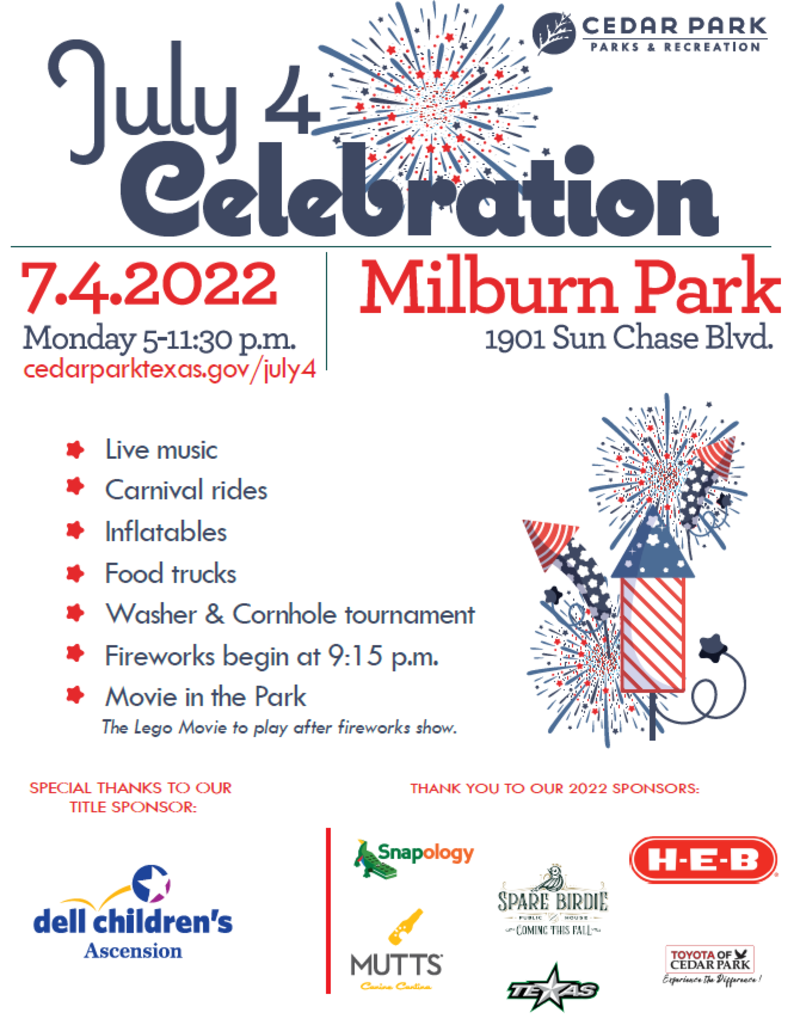 July 4 Celebration in Cedar Park at Elizabeth Milburn Park