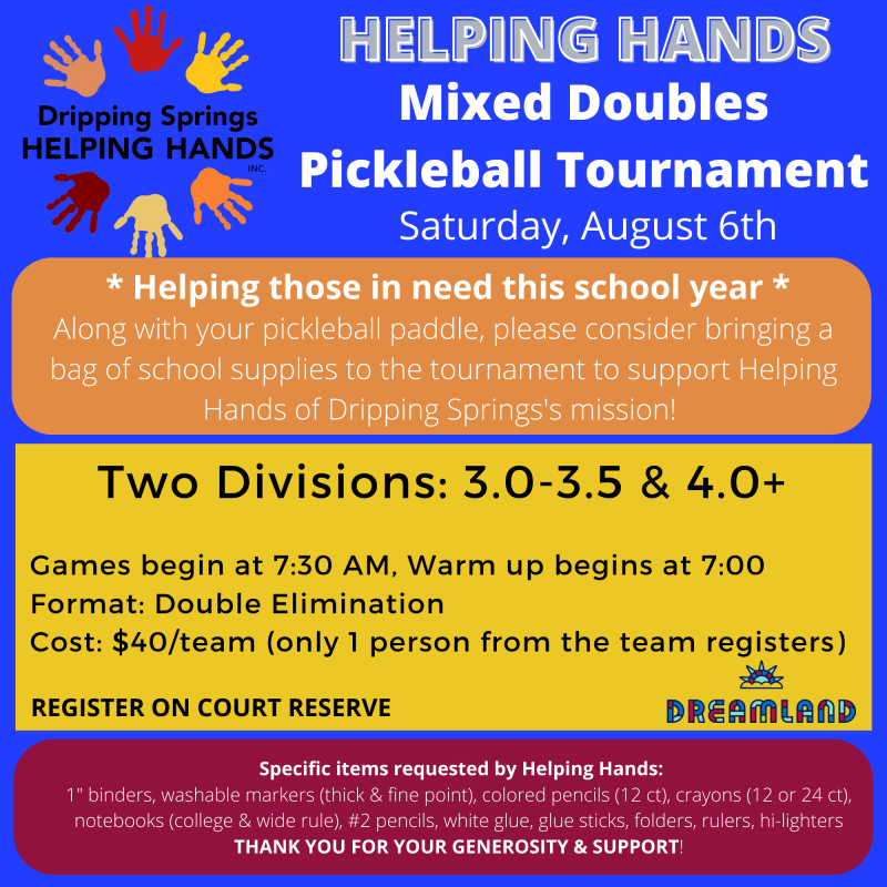 HELPING HANDS Mixed Doubles Pickleball Tournament in Dripping