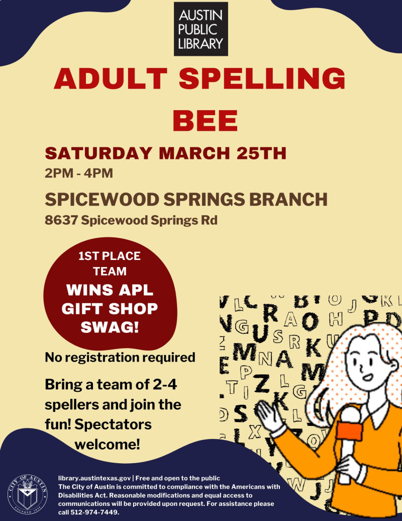 Adult Spelling Bee in Austin at Austin Public Library Spicewood