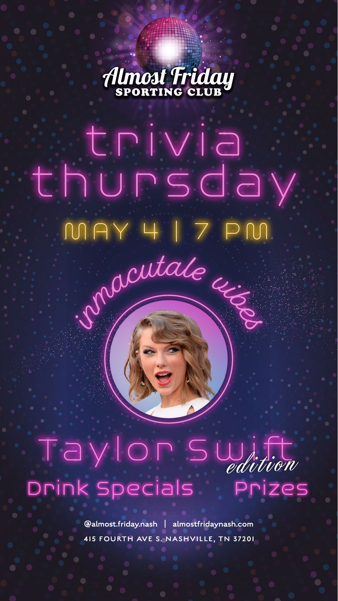 Taylor Swift Trivia night in Nashville at Almost Friday Sporting