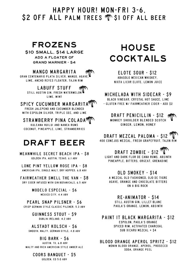 Happy Hour 3-6pm: $2 Off Palm Tree Menu Items & $1 Off Draft Beers in