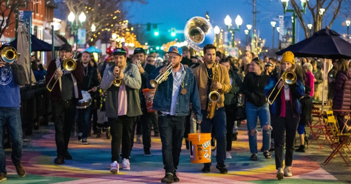Olde Town Arvada Mardi Gras Brass Band March in Arvada at Olde Town